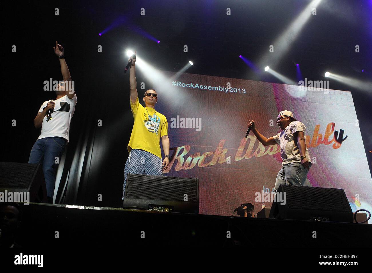 Scratchy (centre) and his band Roll Deep perform on stage at the Rock ...