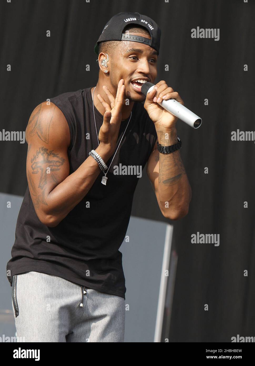 Trey Songz performs on stage at the Wireless Festival Day 1 at Olympia ...