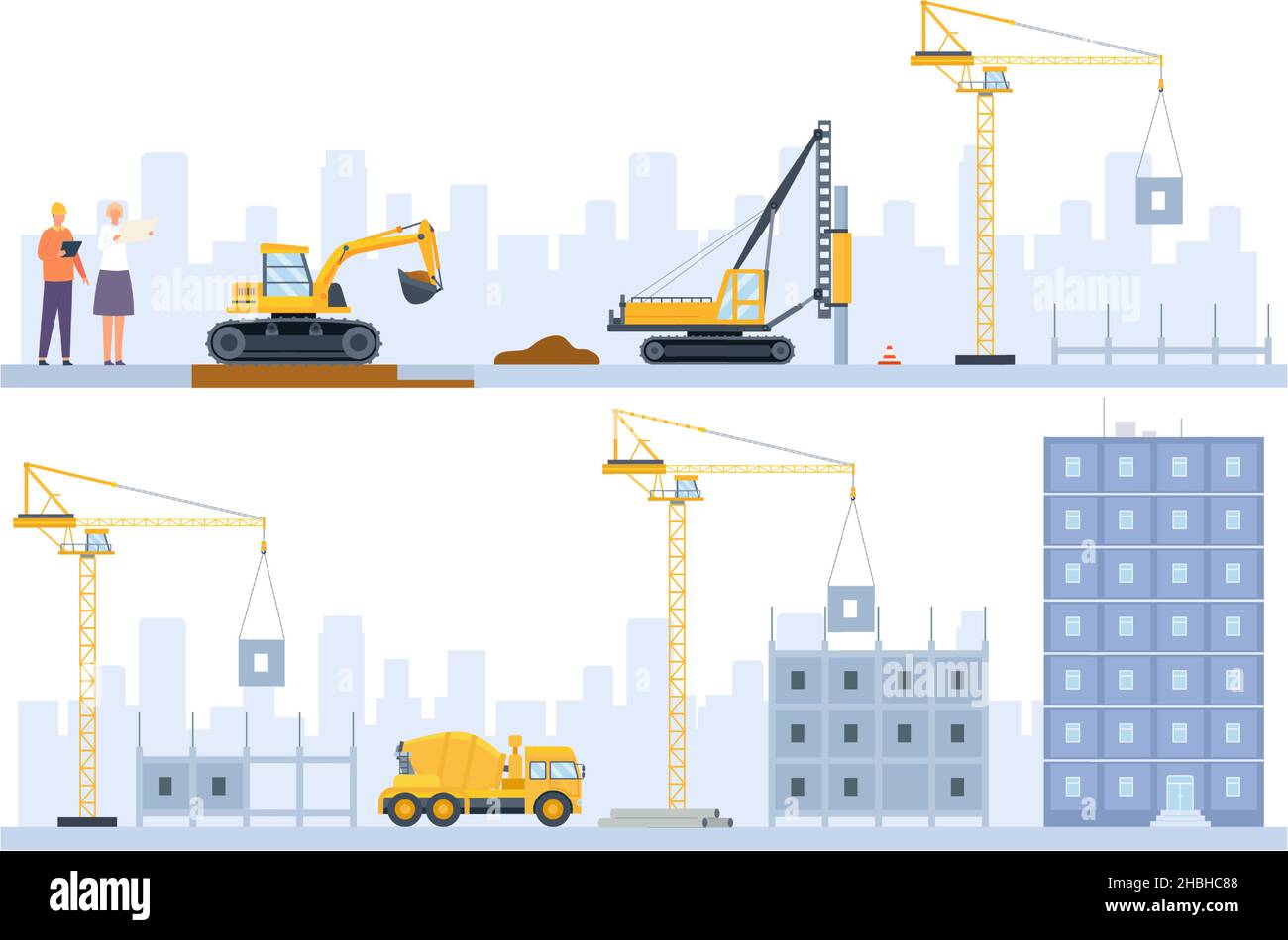 Flat houses construction process stages with building machinery ...