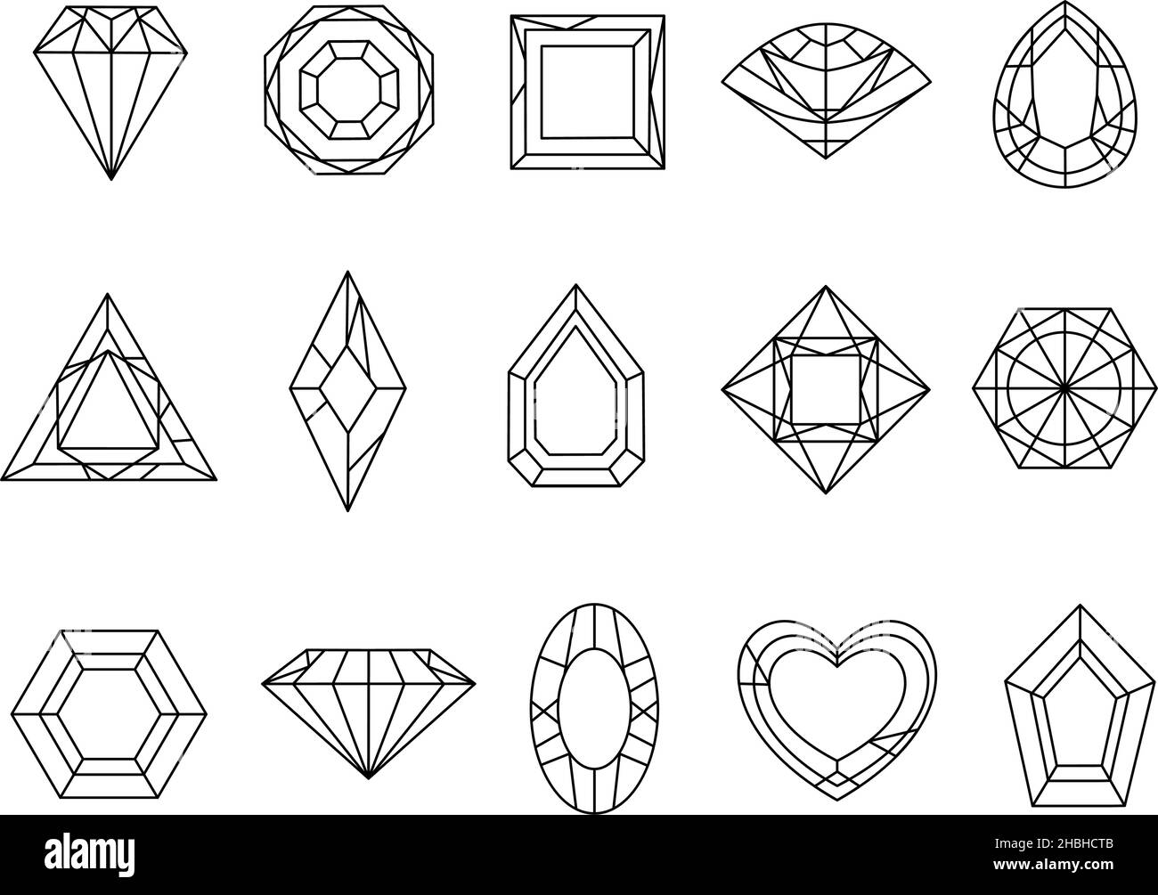 Gem, diamond, crystal and jewel stone shapes line icons. Outline ...