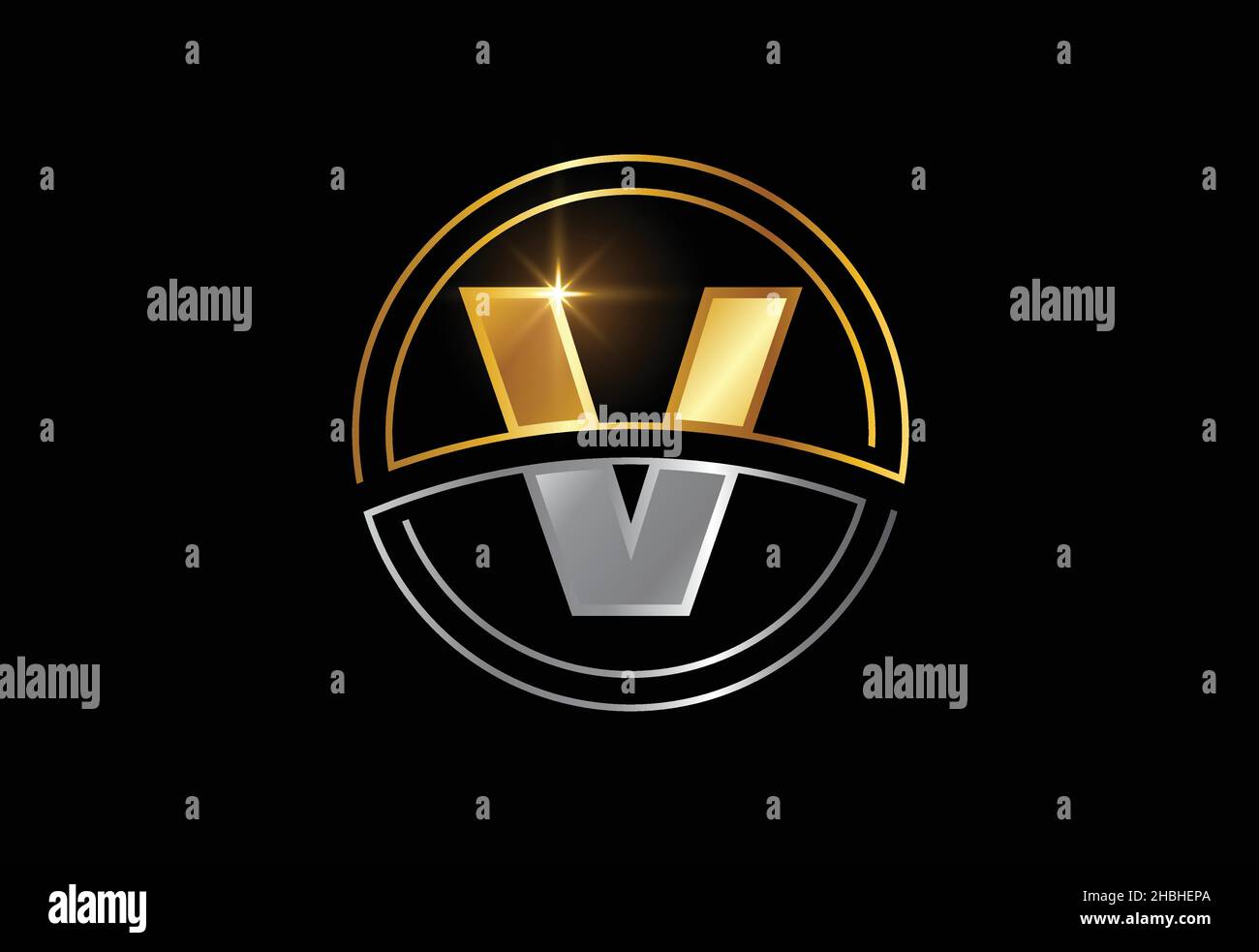 Initial letter V with circle frame. Golden and silver color alphabet ...