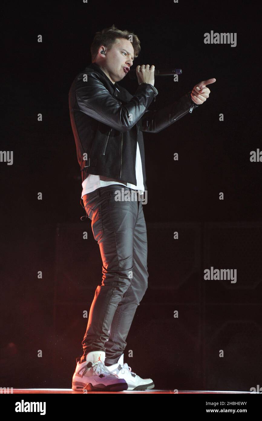 Conor Maynard performs on stage as support for Will.I.Am at the 02 ...