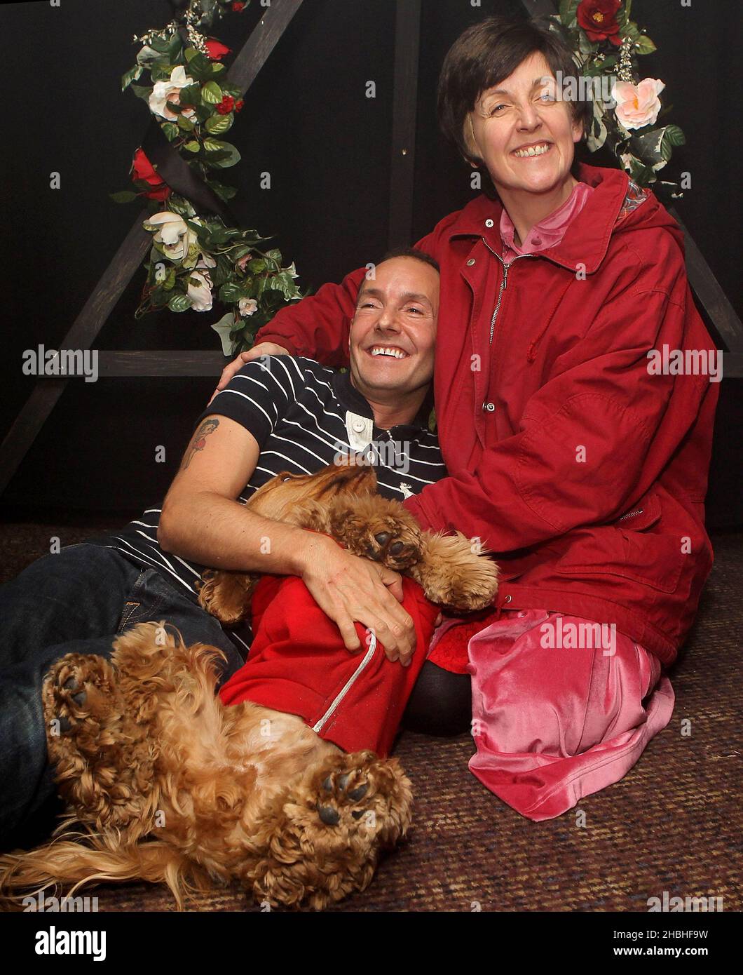 (Julie Hesmondhalgh and Jeremy Joseph with Jacob the Dog pose backstage ...