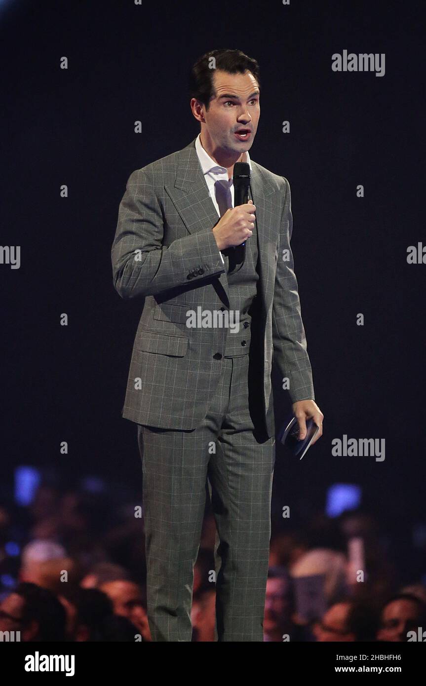 Jimmy Carr on stage during the 2014 Brit Awards at the O2 Arena, London ...