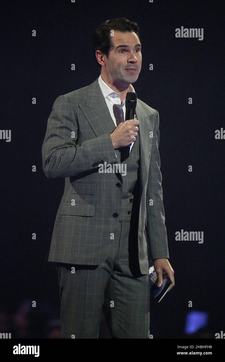 Jimmy Carr on stage during the 2014 Brit Awards at the O2 Arena, London ...
