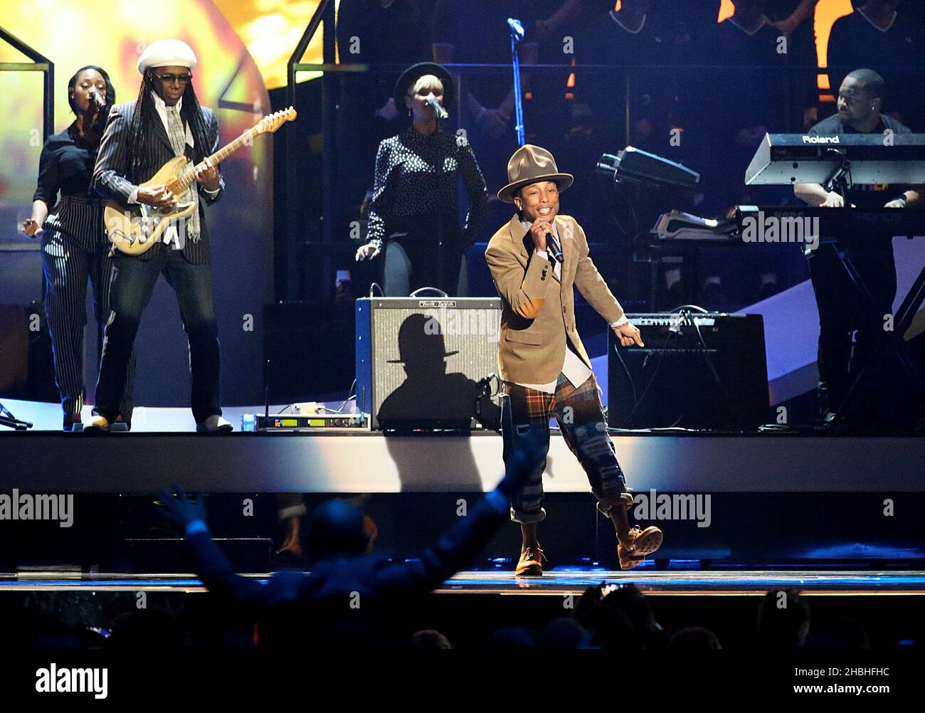 Nile Rodgers and Pharrell WIlliams on stage during the 2014 Brit Awards ...