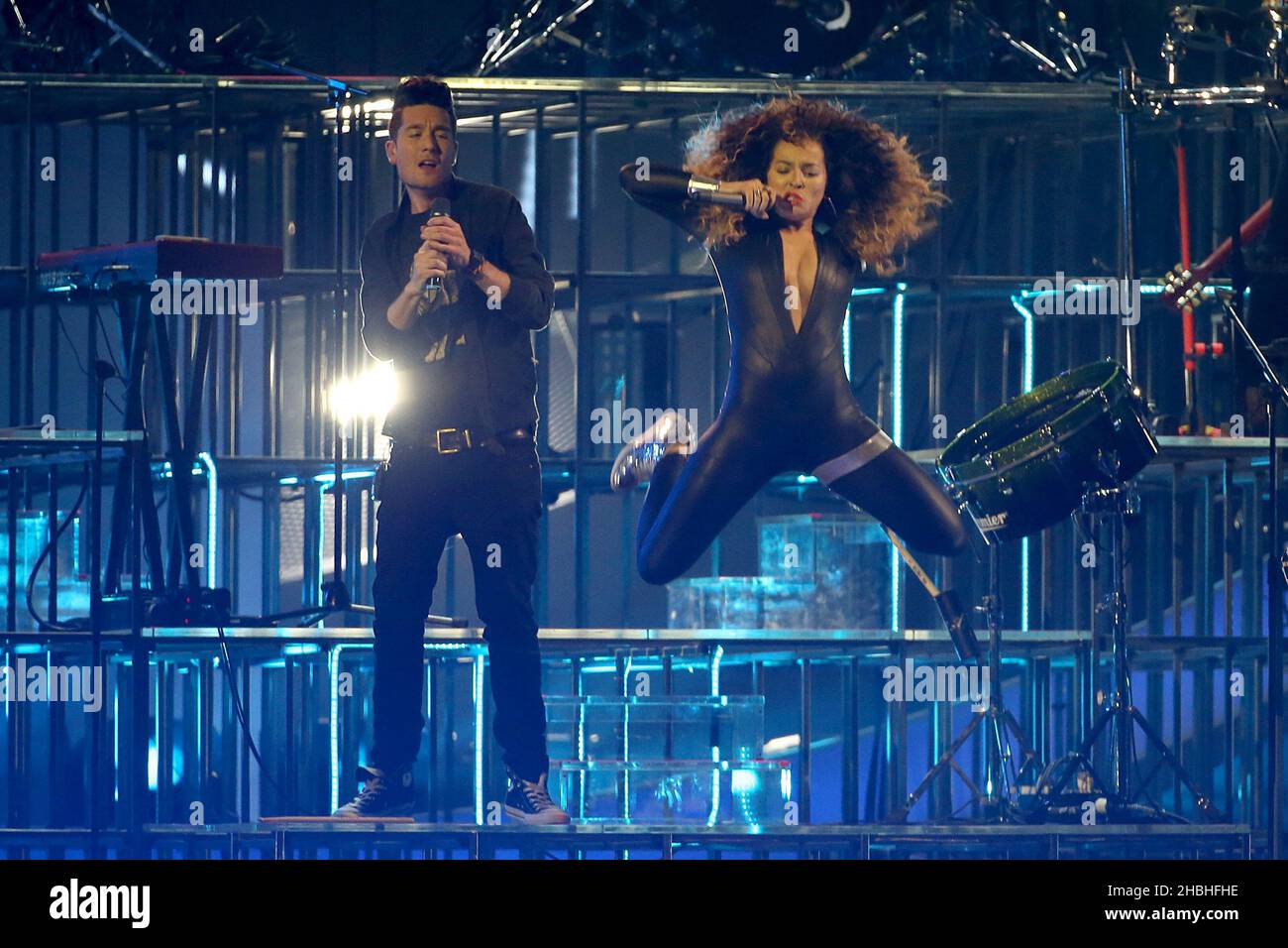 Dan Smith of Bastille and Ella Eyre perform on stage during the 2014 ...