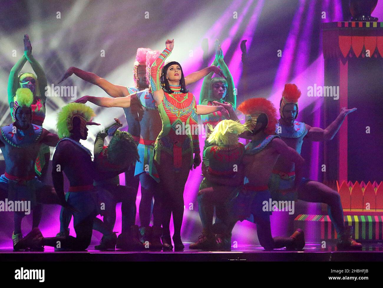 Katy Perry performs on stage during the 2014 Brit Awards at the O2 ...