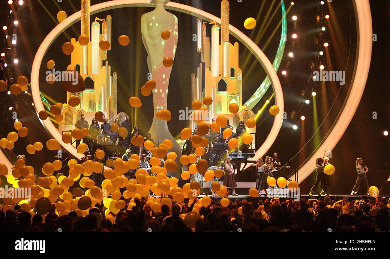Balloons are released at the end of the night during the 2014 Brit ...