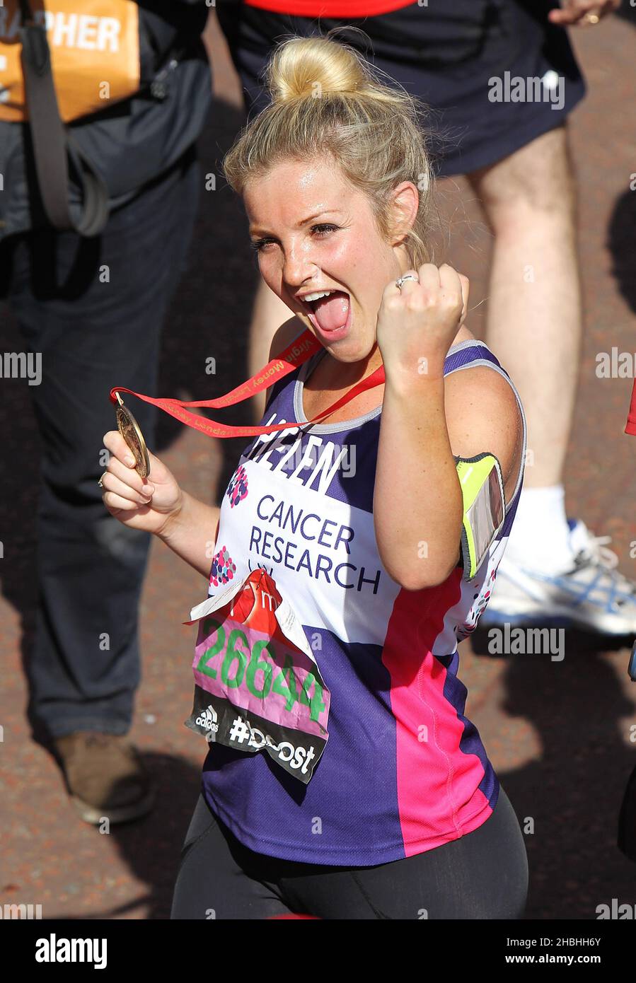 Helen Skelton with medal at the finishing line of the Virgin Money ...