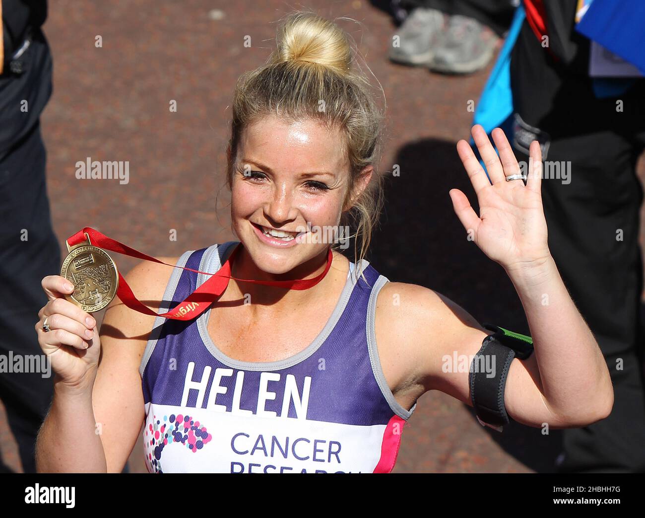 Helen Skelton with medal at the finishing line of the Virgin Money ...