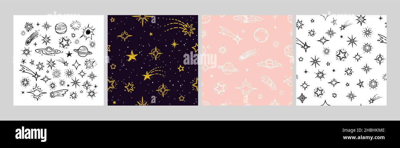 Doodle space elements. Star and planets pattern set. Universe seamless ...