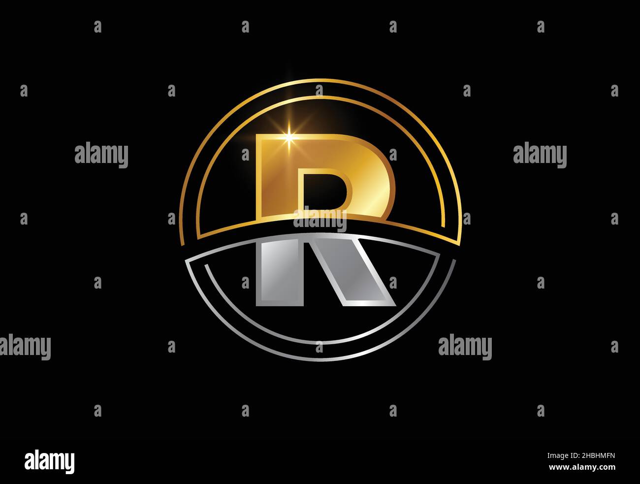 Initial letter R with circle frame. Golden and silver color alphabet ...
