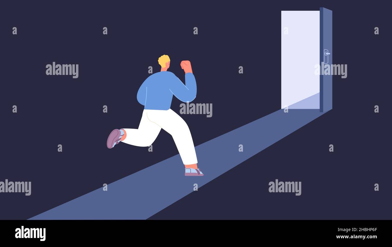 Man run in open door. Active guy go in happy future. Movement towards ...