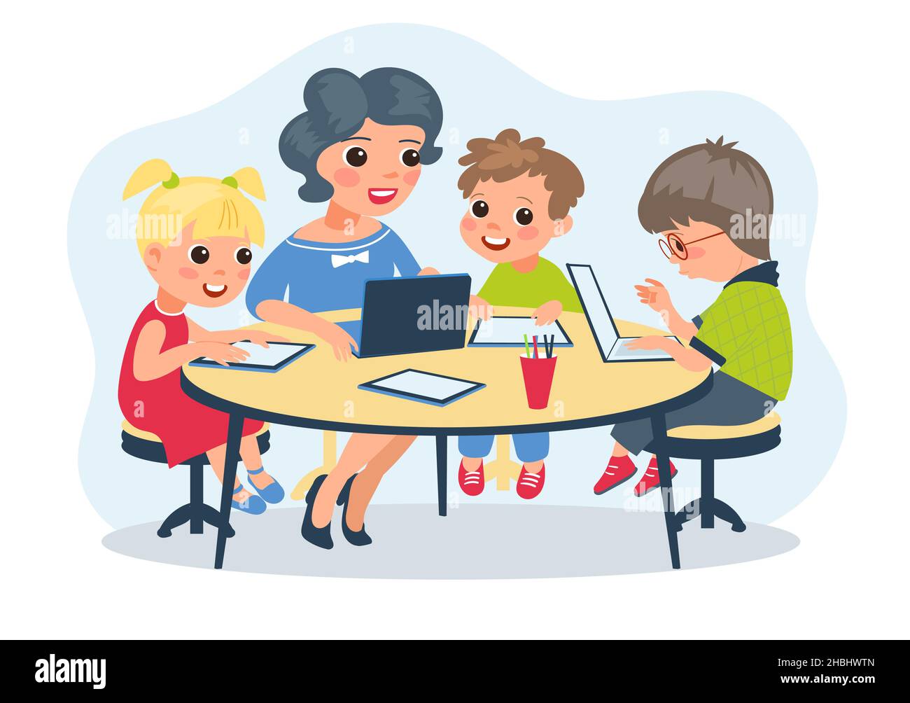 Teacher and kids with gadgets. School lesson using tablets and laptop ...