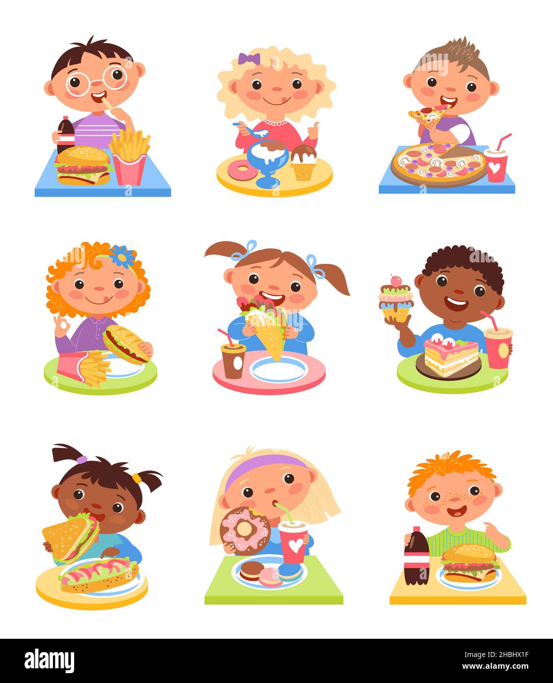 Children eat. Happy kids have breakfast, cartoon cute girls and boys ...