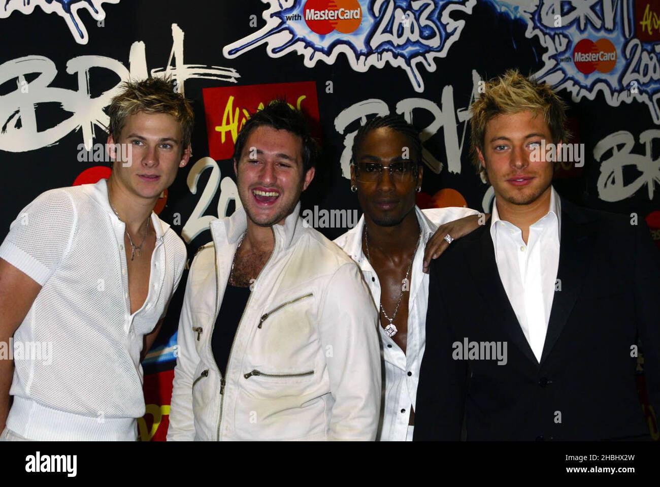 Blue photographed at the 2003 Brit Awards in London. 1/2 length ...
