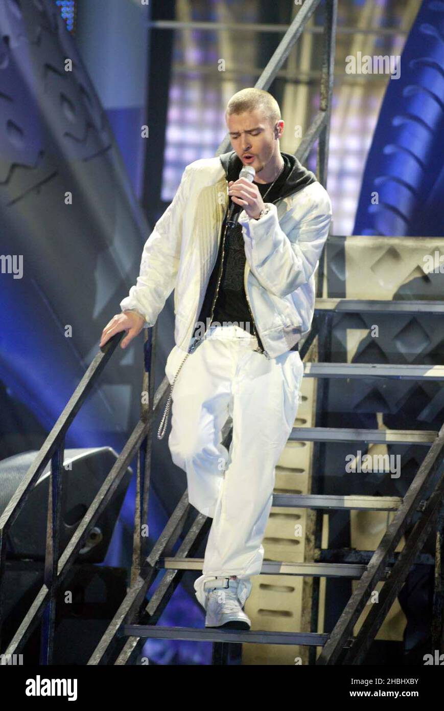 Justin Timberlake performing at the 2003 Brit Awards at Earls Court in ...