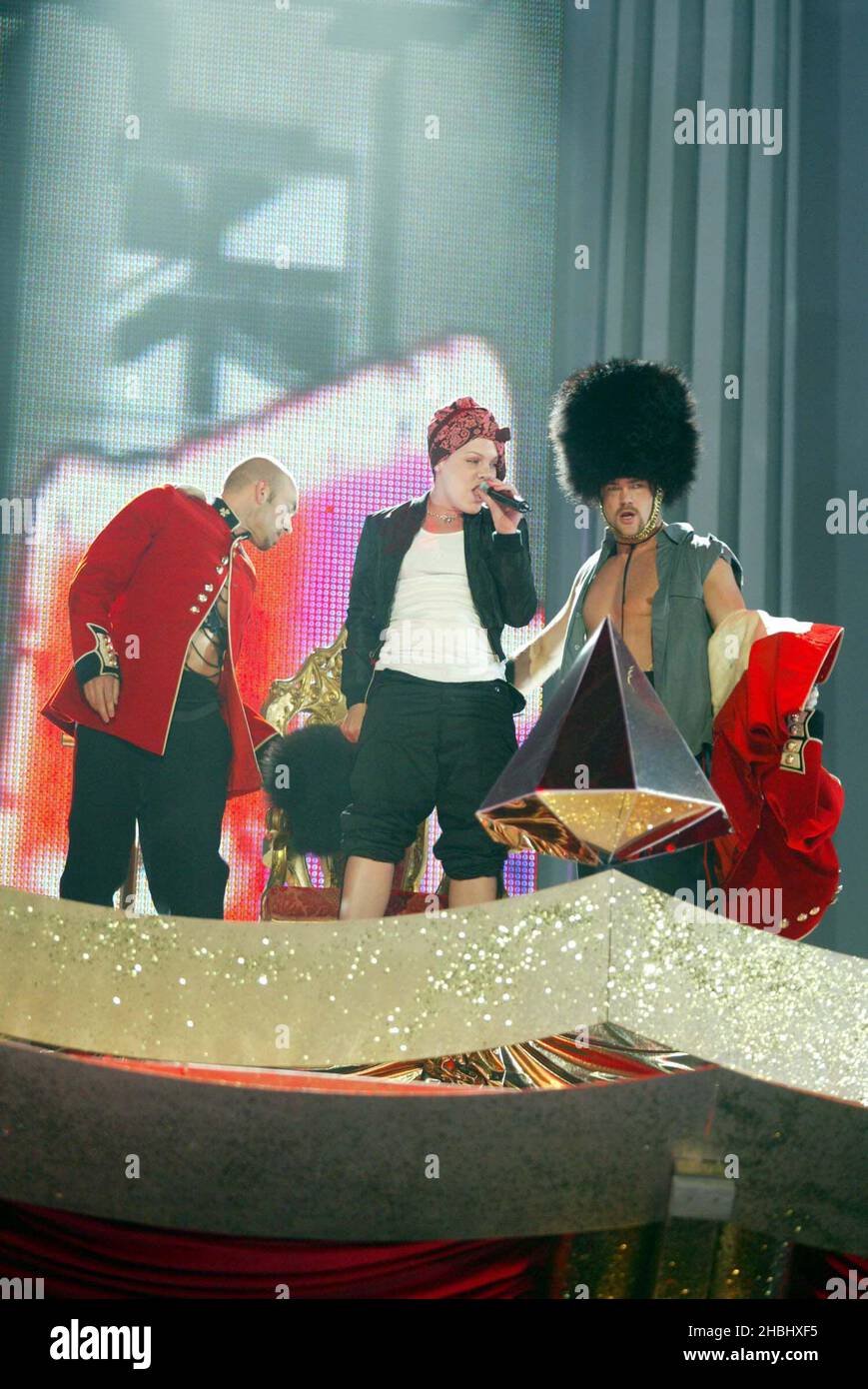 Pink photographed performing live on stage at the Brits 2003 rehearsals ...
