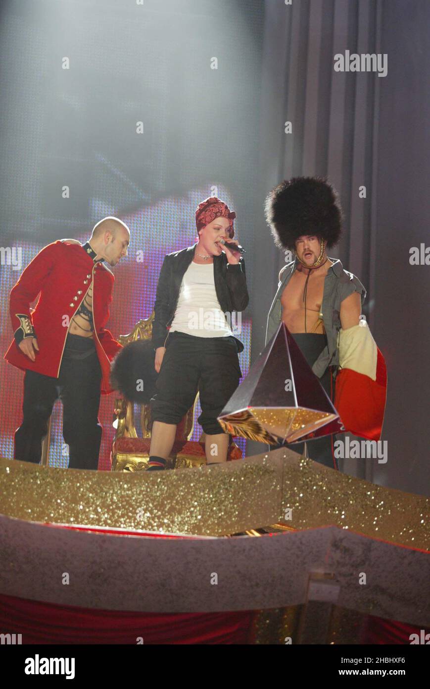 Pink photographed performing live on stage at the Brits 2003 rehearsals ...