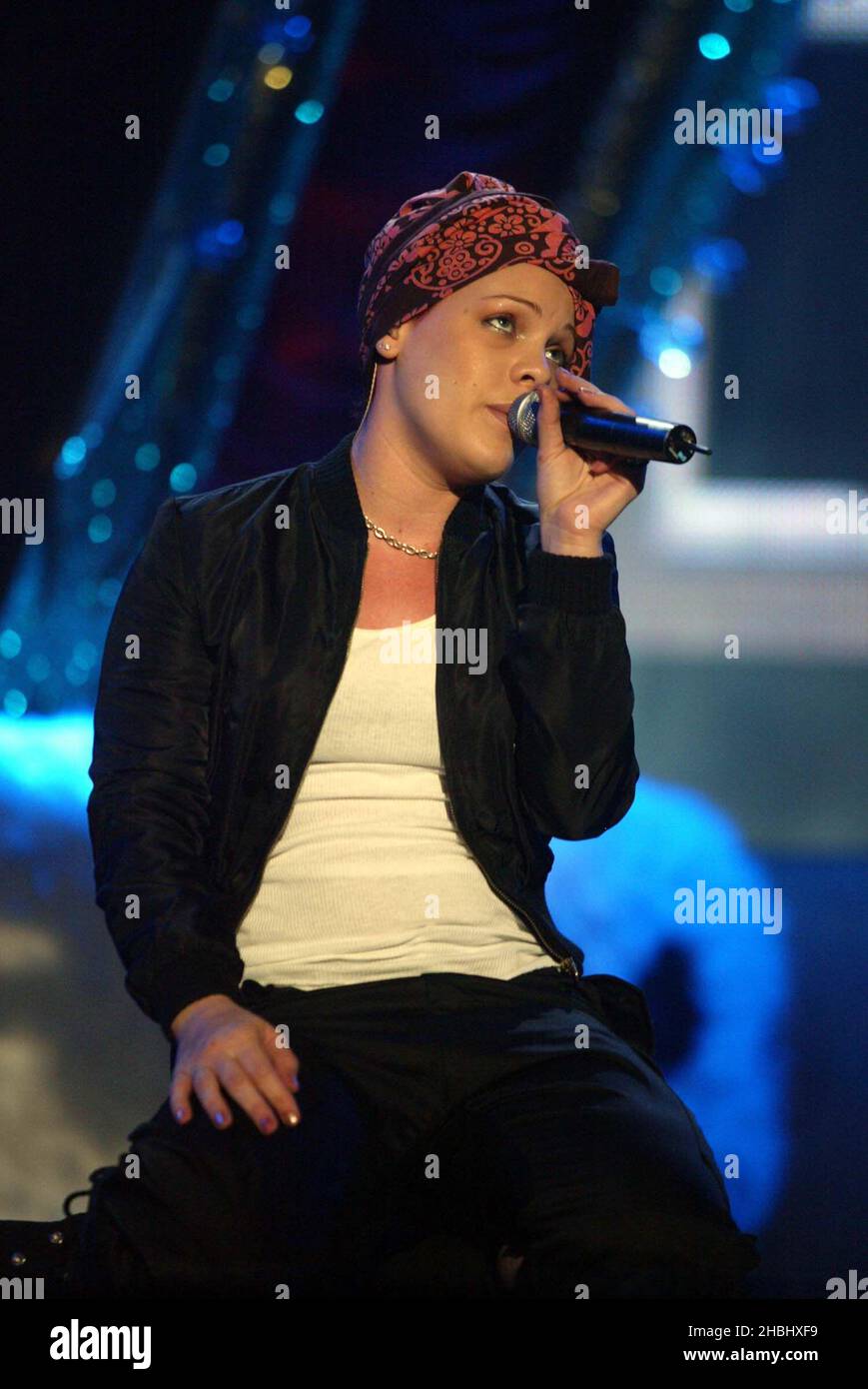 Pink photographed performing live on stage at the Brits 2003 rehearsals ...