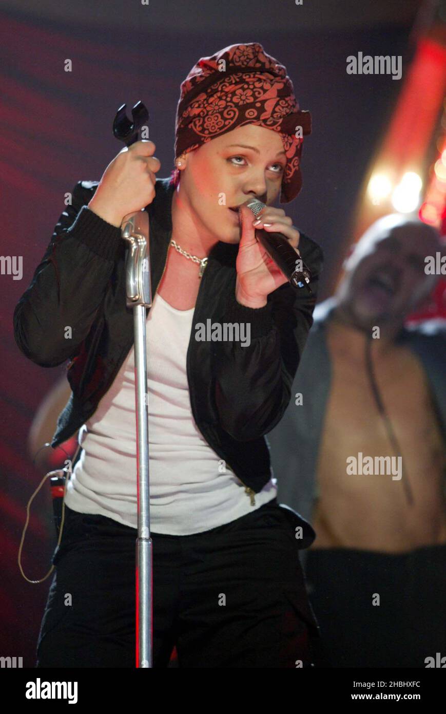 Pink photographed performing live on stage at the Brits 2003 rehearsals ...