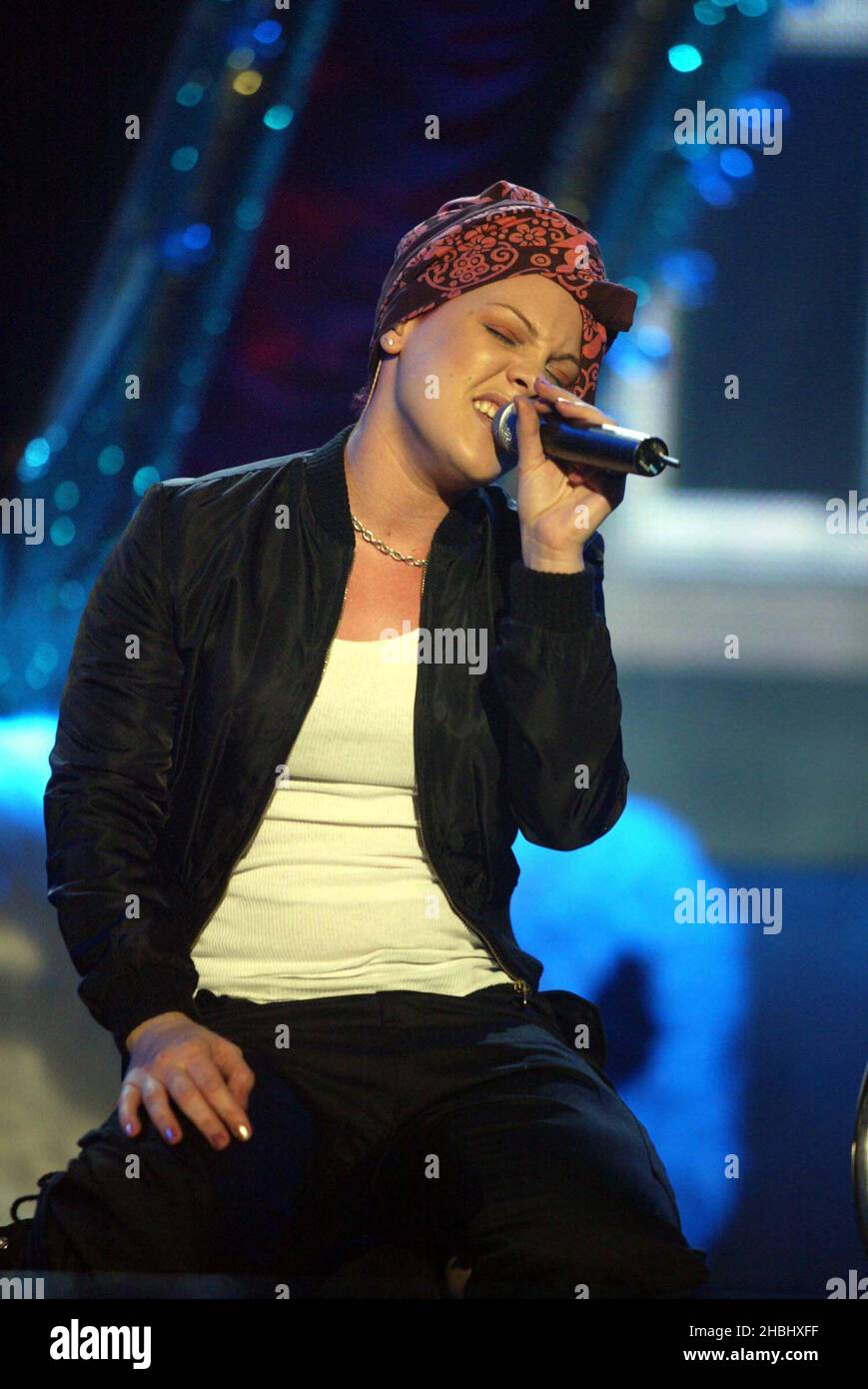 Pink photographed performing live on stage at the Brits 2003 rehearsals ...