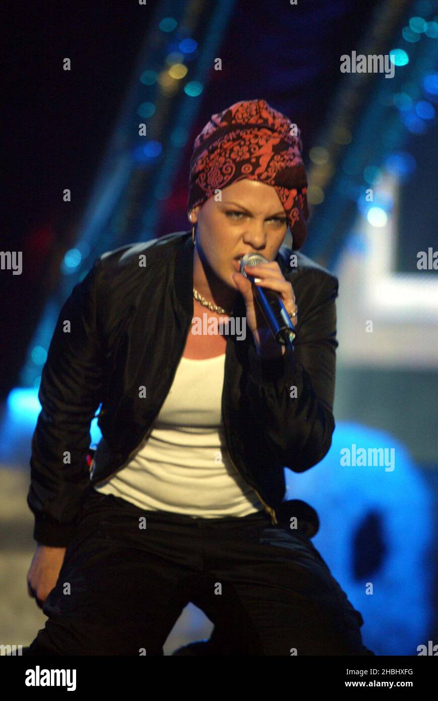 Pink photographed performing live on stage at the Brits 2003 rehearsals ...