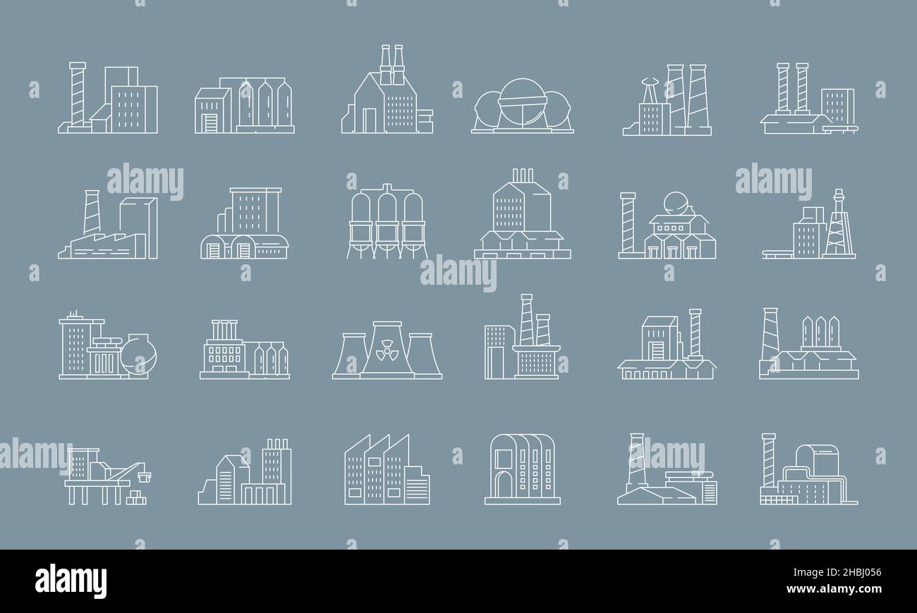 Factory icons. Industrial building factory storage modern warehouses ...