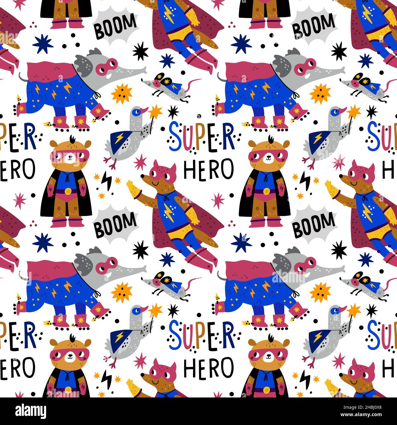 Seamless pattern cute animals superheroes. Funny cartoon characters ...