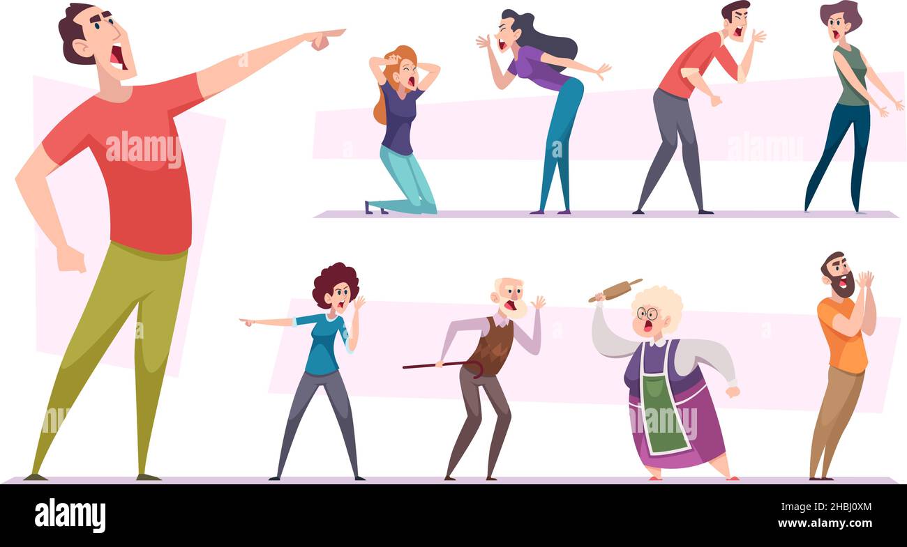 Angry people. Agressive dialogue shouting characters expressive talking ...
