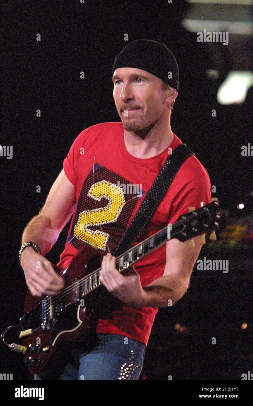 U2, The Edge in concert at the Madison Square Garden, New York. Live ...