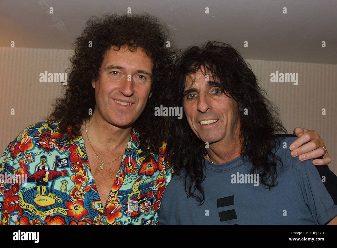 Alice Cooper and guest Brian May backstage at Wembley Arena. Half ...