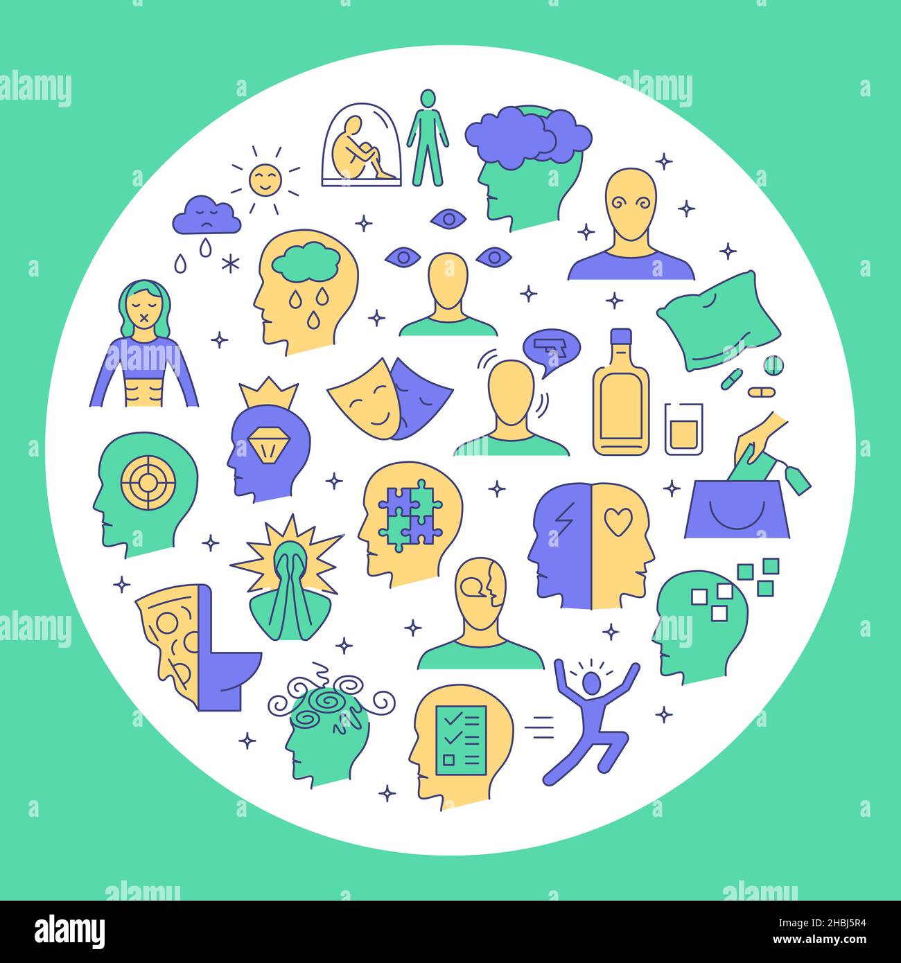 Mental disorders round concept poster in line style. Psychological ...