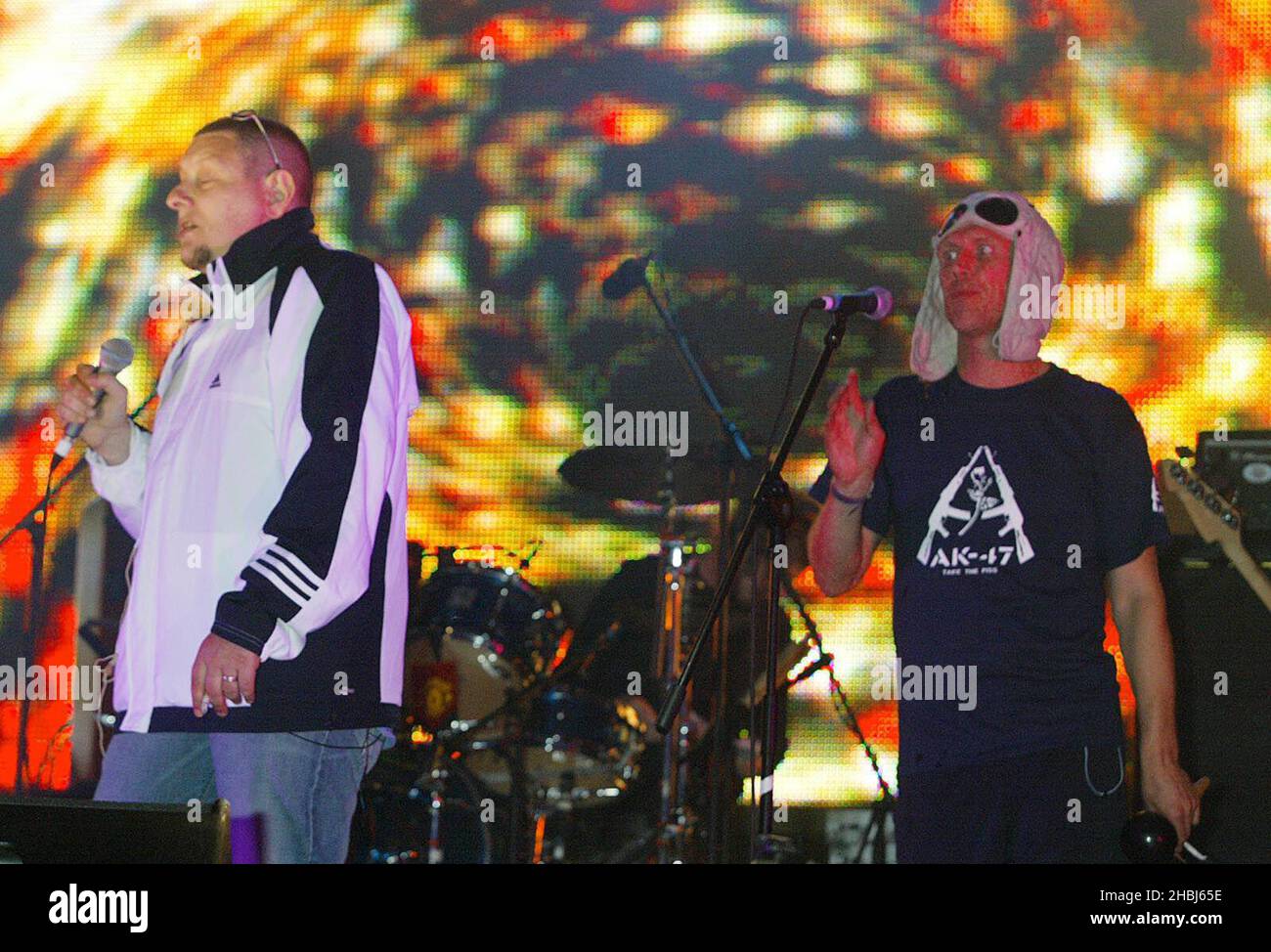 Bez and Shaun Ryder from the Happy Monday's perform on stage as part of ...