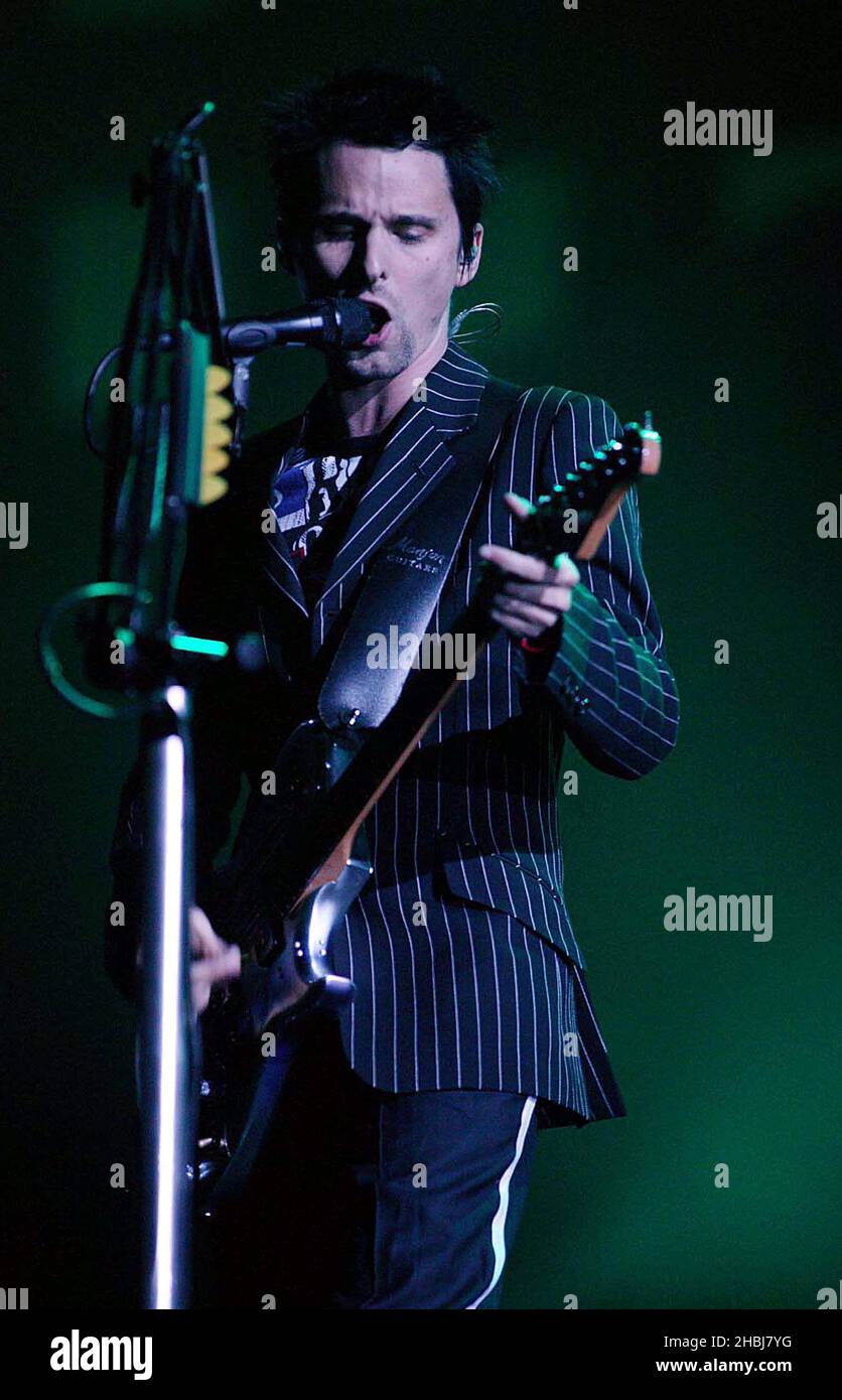 Muse performing during the rehersal of the 2004 Brits Awards Stock ...