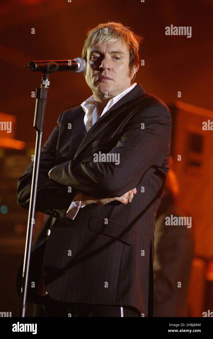 Duran Duran perform live on stage at rehearsals at the Brit Awards 2004 ...