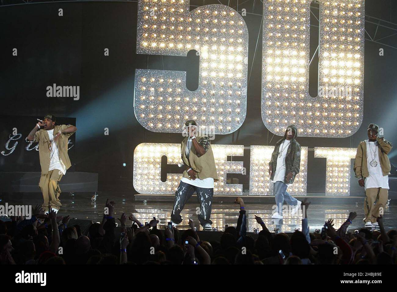50, Fifty Cent performs live on stage at the Brit Awards 2004 at Earls ...