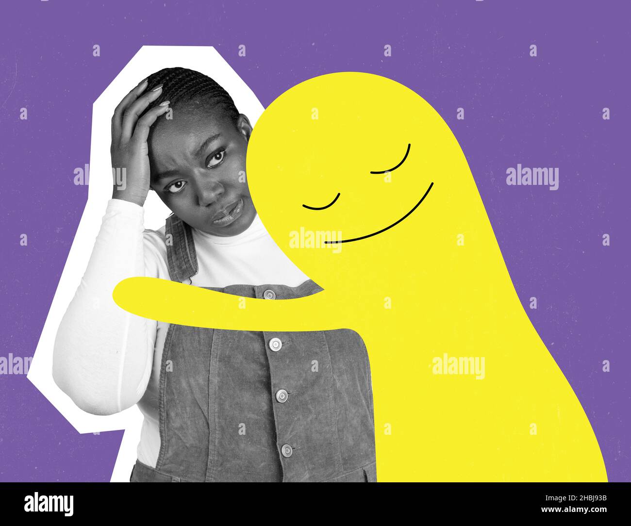 Teen, girl with personal problems standing with funny drawn cartoon ...