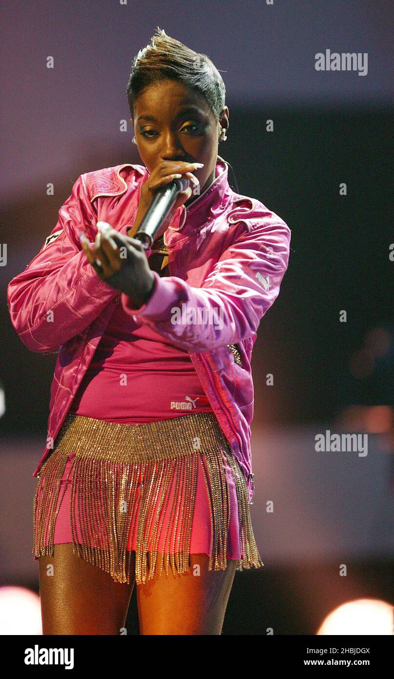 Estelle performs live on stage at the Mobo Awards 2004 at The Royal Albert Hall in London Stock ...