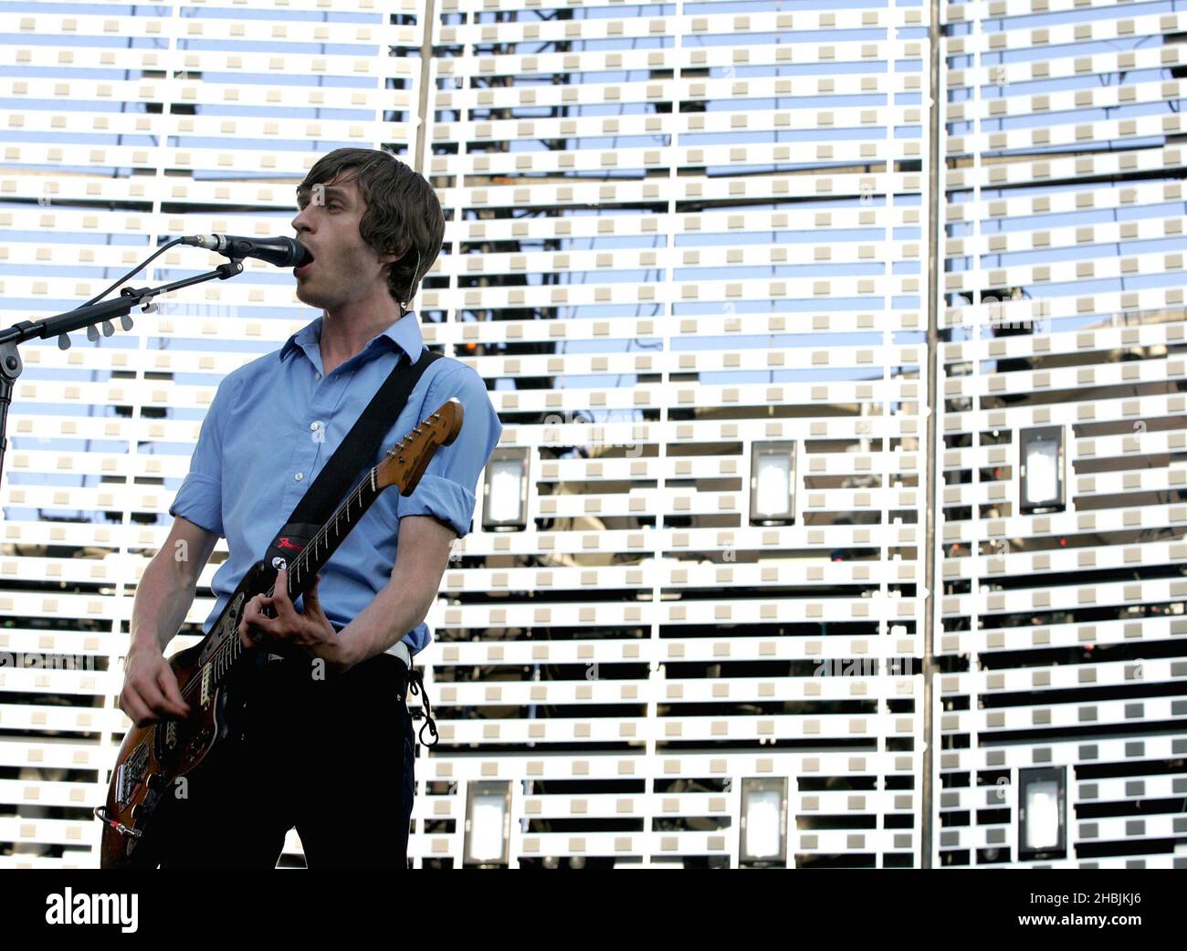 Joel Potts of Athlete support U2 performing on stage on the first ...