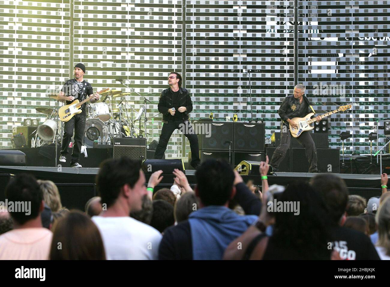 The Edge; Bono; Adam Clayton; Larry Mullen of U2 perform on stage on ...