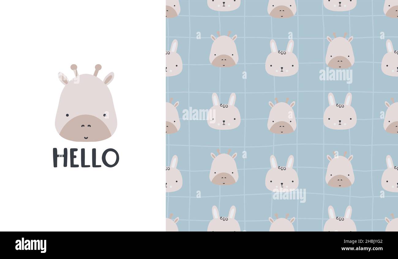 Cute seamless patterns and lettering - hello. Giraffe face. Creative ...