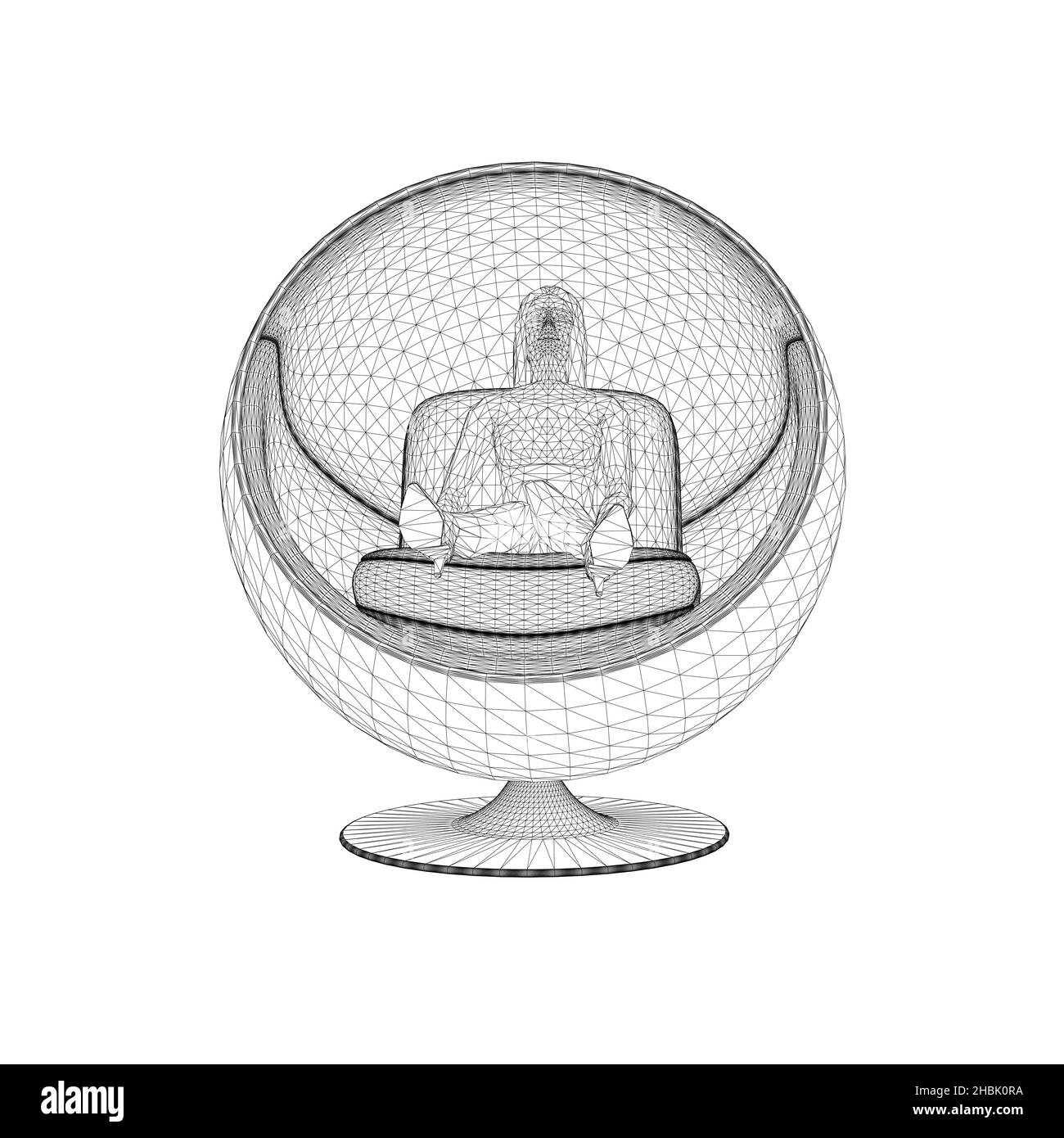 Wireframe of a girl sitting in a circular spherical chair made of black ...