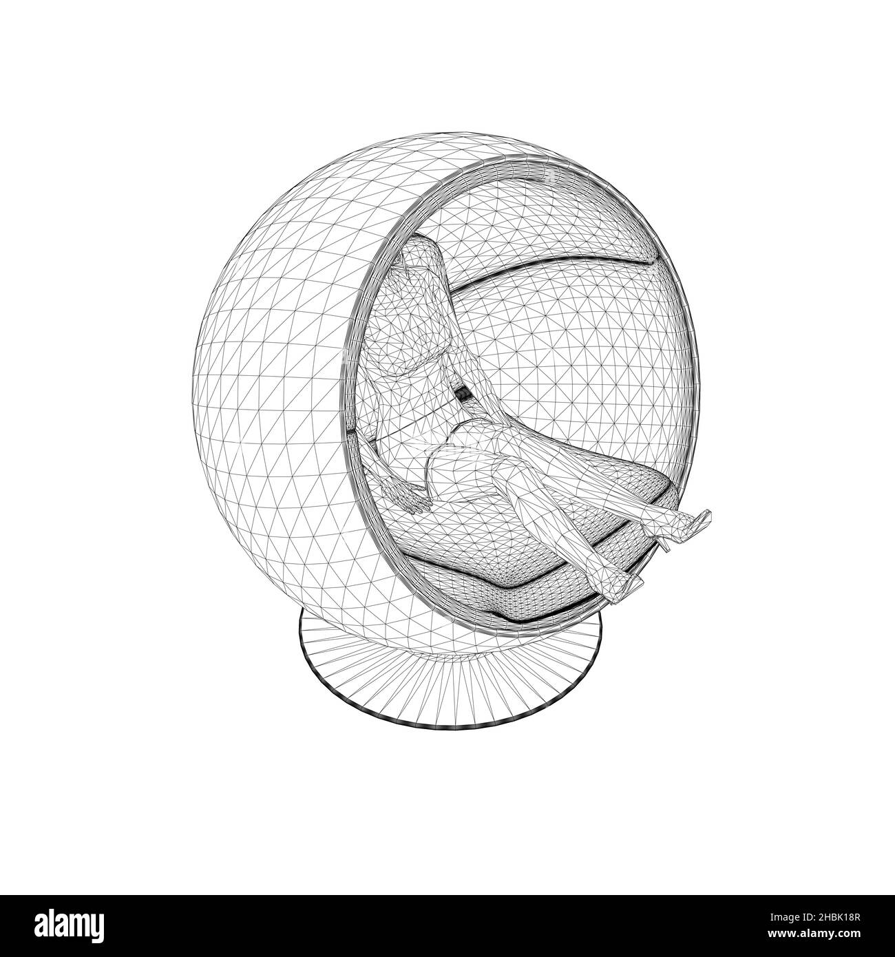Wireframe of a girl sitting in a circular spherical chair made of black ...
