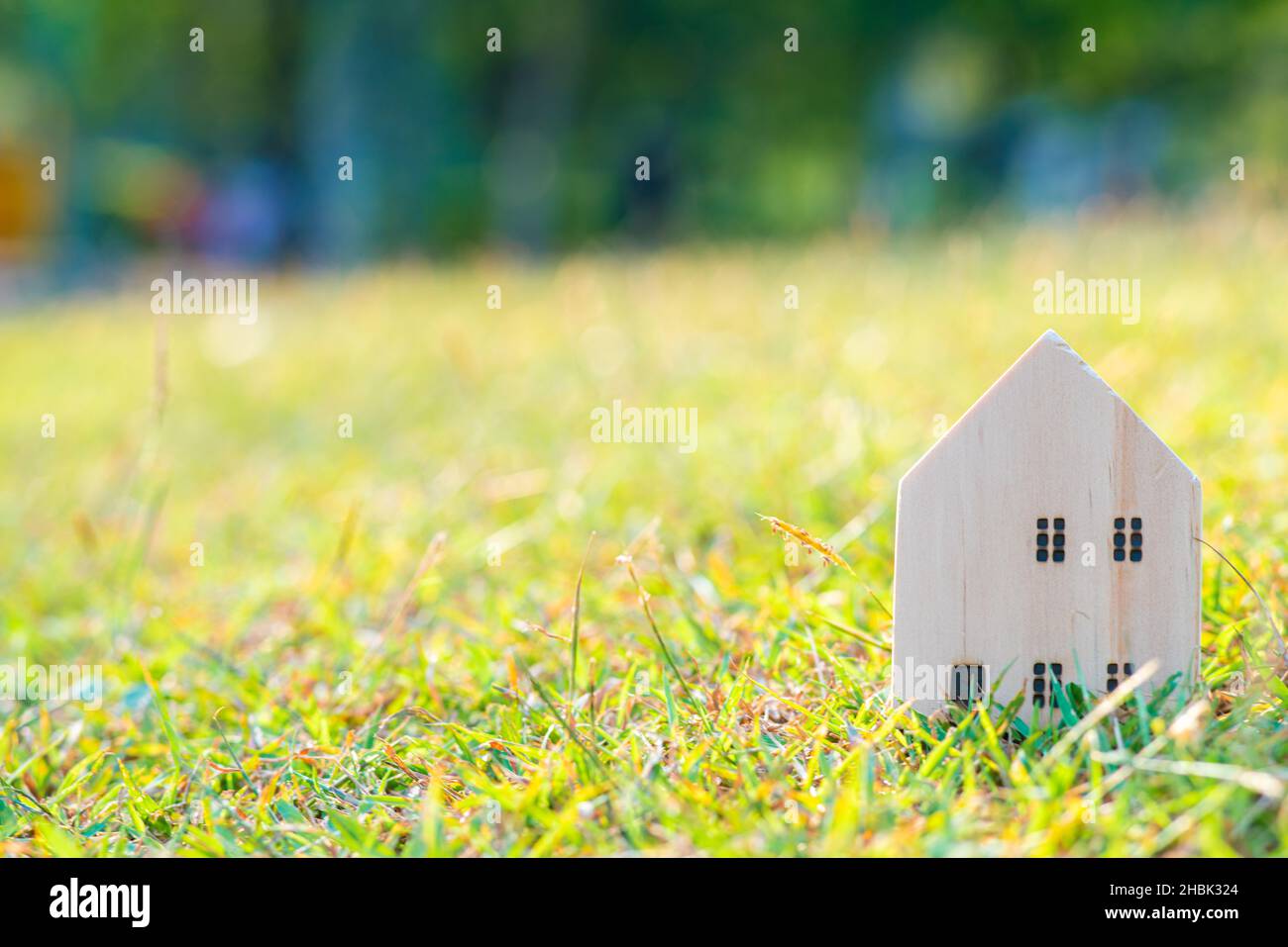 Wooden modern house on green grass with sun light concept image of make ...