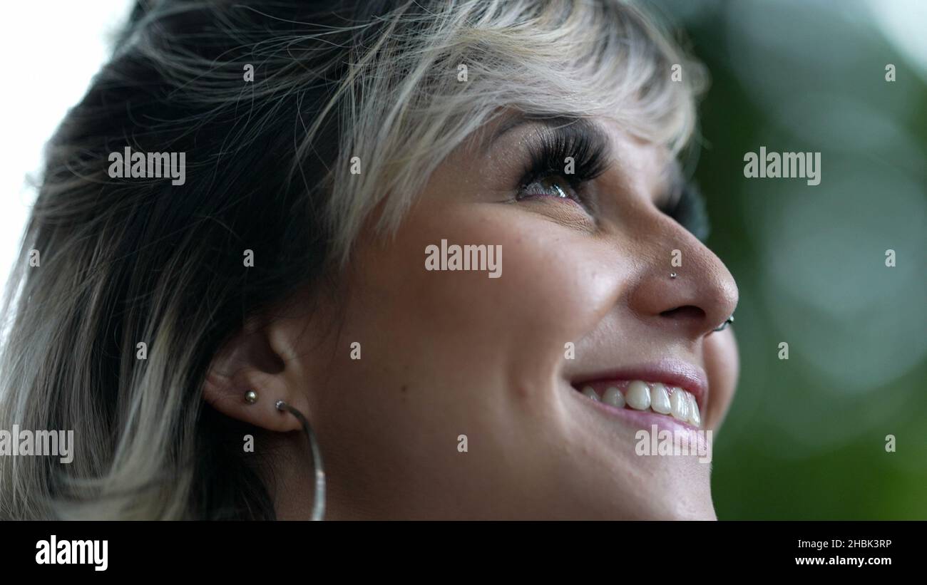 Joyful Girl Looks Up To Sky With Hope Happy Woman Close Up Face