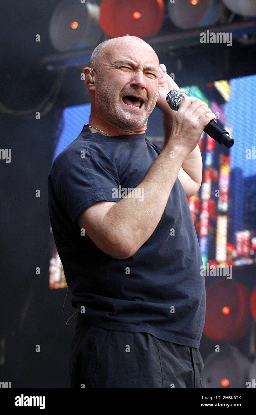 Phil Collins on stage during the Genesis performance during the charity ...