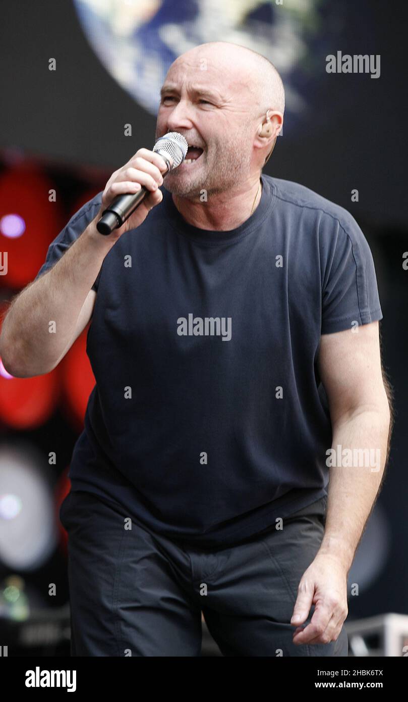 Phil Collins on stage during the Genesis performance during the charity ...