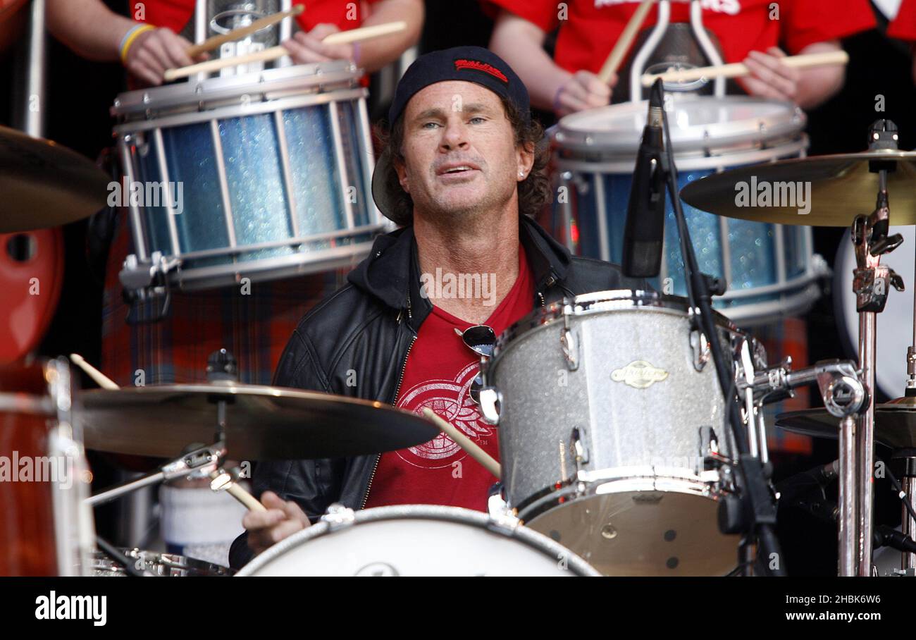 Chad Smith performs during the charity concert at Wembley Stadium ...